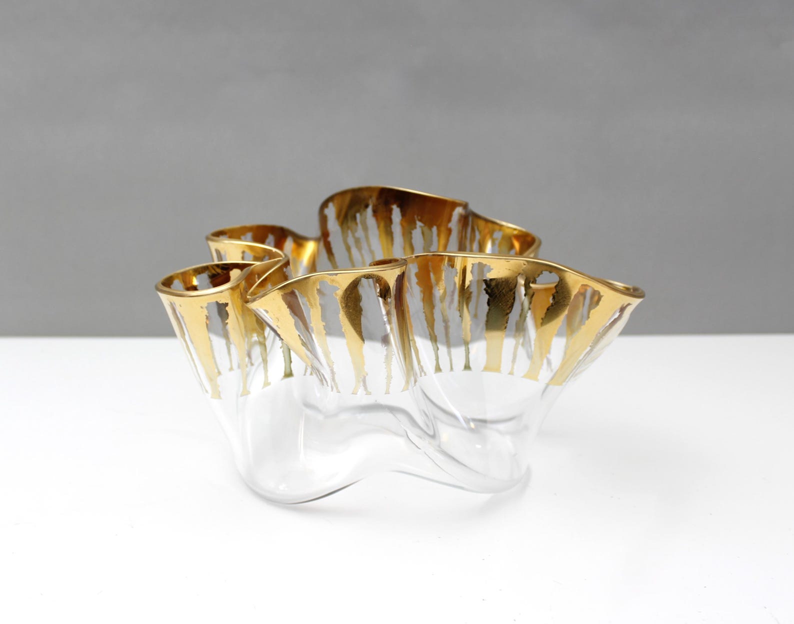 Laurel Fyfe Slumped Glass Vase Gold Trim Handkerchief Bowl Ruffled Post ...