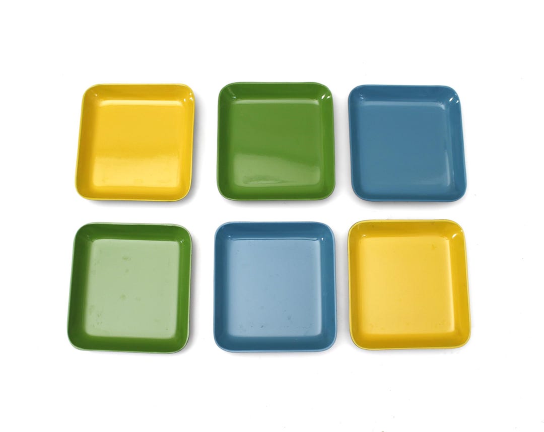 Set of 6 Vintage Lacquerware Snack Trays Teal Blue Yellow Green Mid ...
