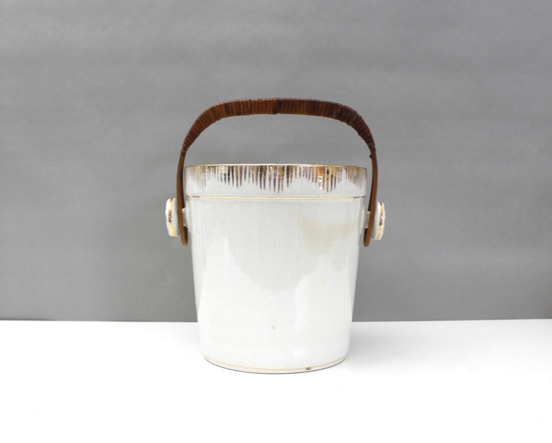 Antique Ironstone Bucket With Rattan Handle and Gold Trim Pail Ice ...