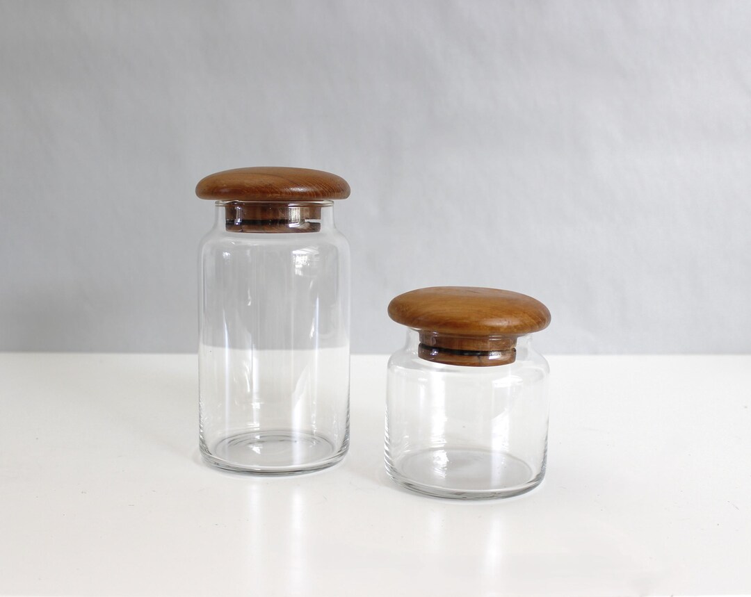 2 Dolphin Teak Lidded Glass Jars Canister Round Danish Modern - Etsy