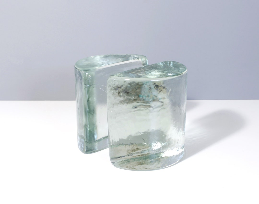 2 Vintage Blenko Glass Half Moon Bookends Half Circle Mid Century Clear ...