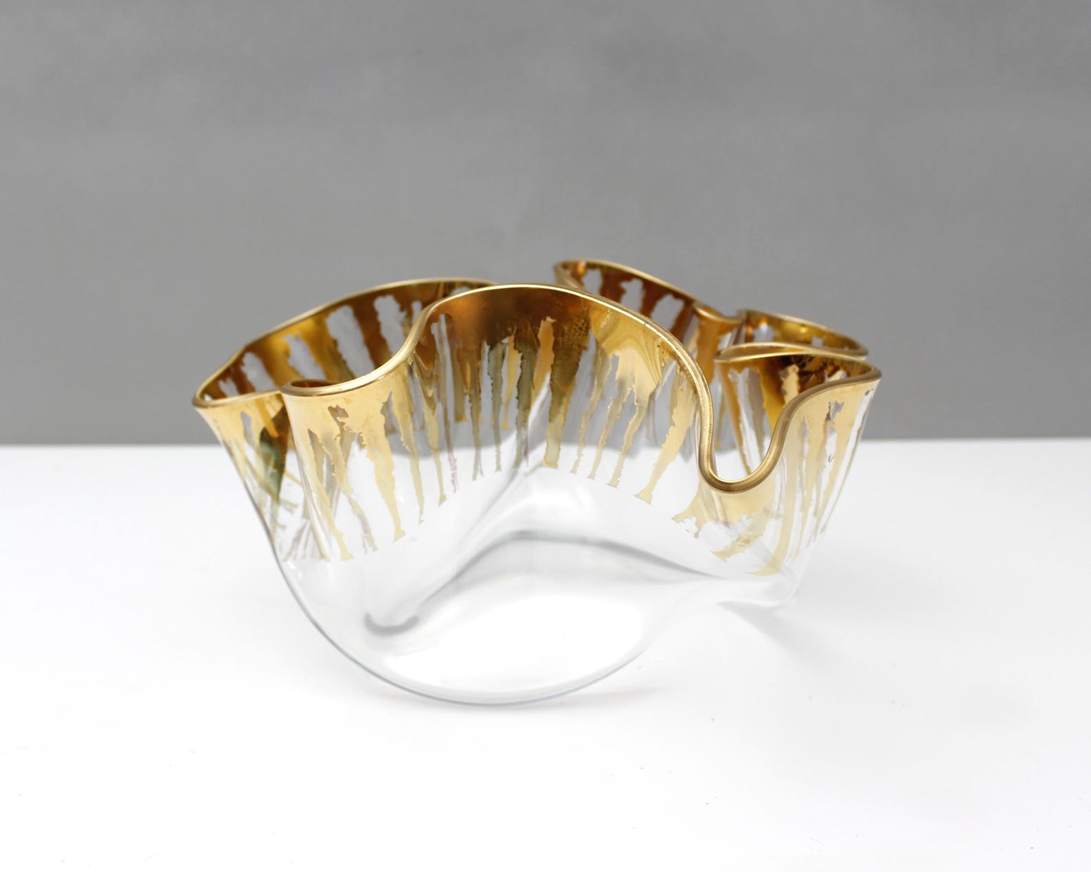 Laurel Fyfe Slumped Glass Vase Gold Trim Handkerchief Bowl Ruffled Post ...