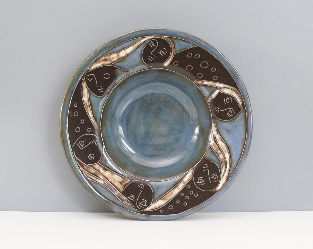 Vintage Mara Mexico Ceramic Bowl Abstract Faces Blue Brown Modernist - Etsy