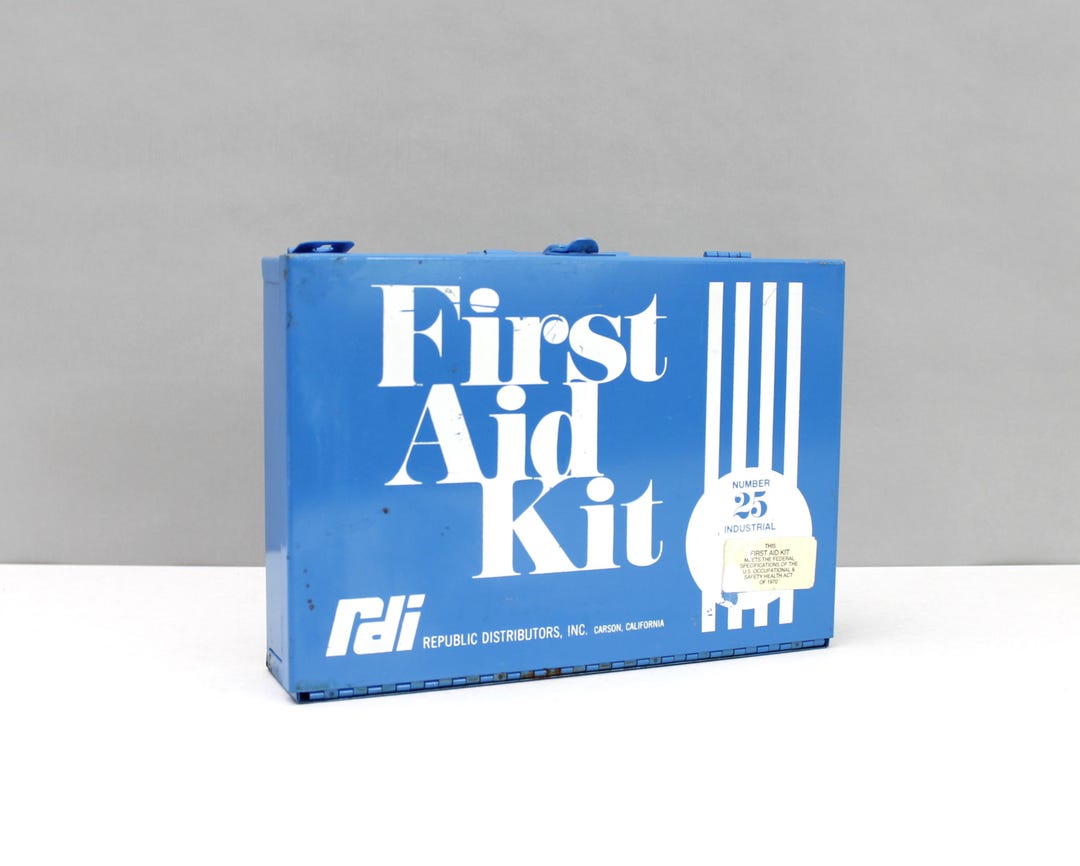 Vintage Metal First Aid Kit Box Blue White Wall Mounted Industrial ...