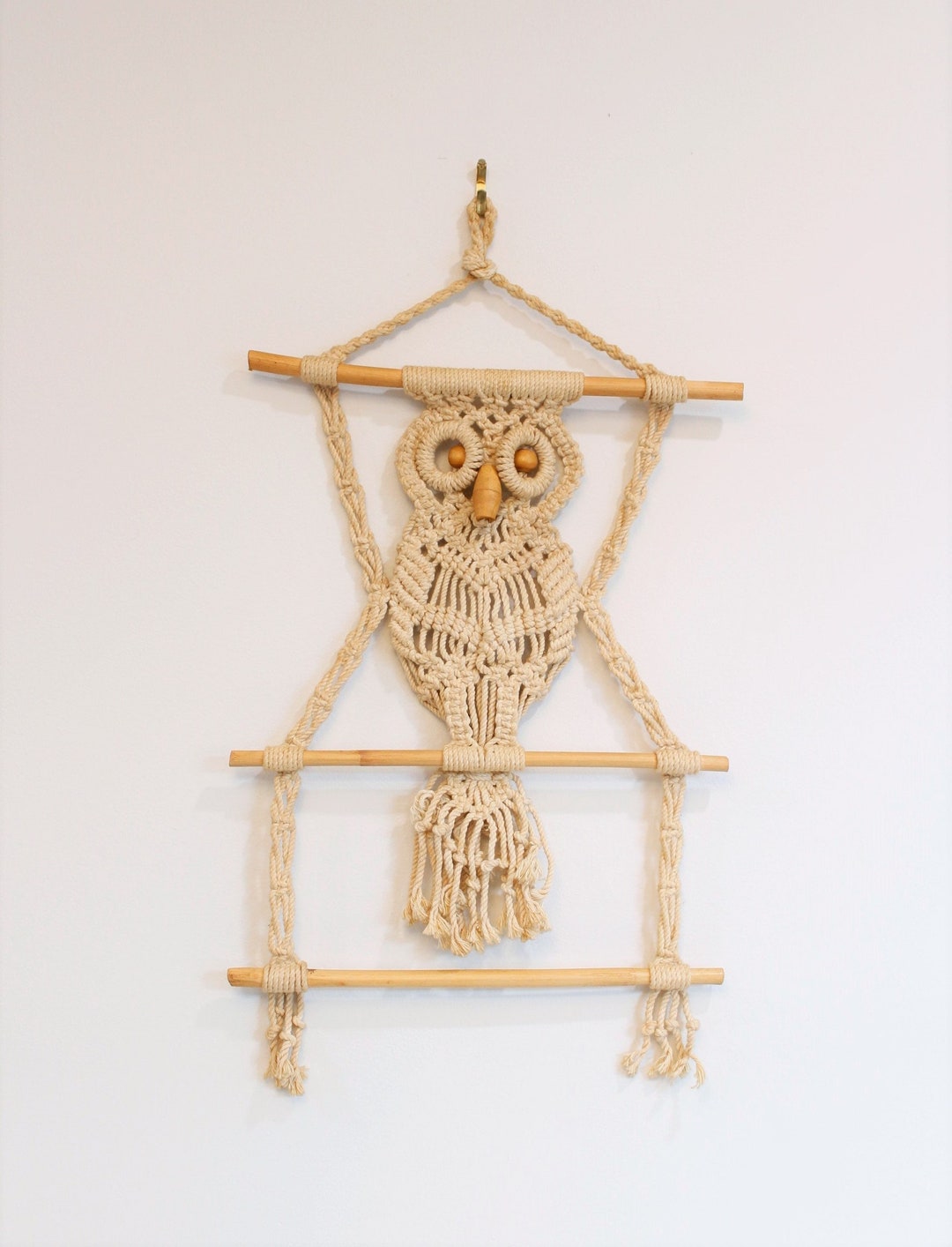 Vintage Macrame Owl Wall Hanging Bohemian Woven Fiber Art Mid Century ...