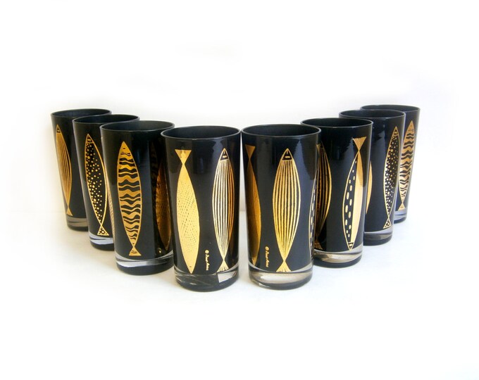 RESERVED Fred Press Fish Glasses Set of 8 Black & Gold Mid Century ...