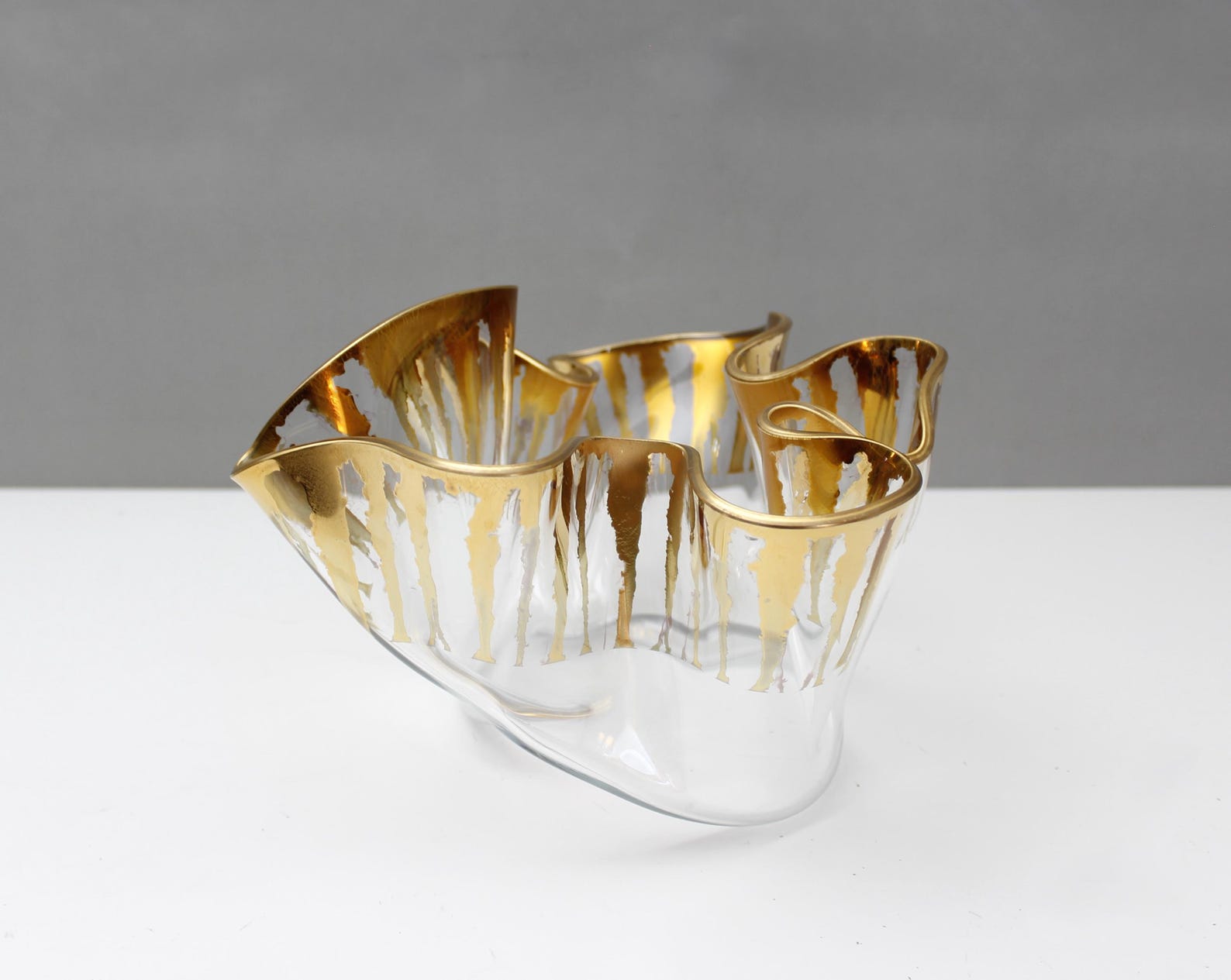 Laurel Fyfe Slumped Glass Vase Gold Trim Handkerchief Bowl Ruffled Post ...