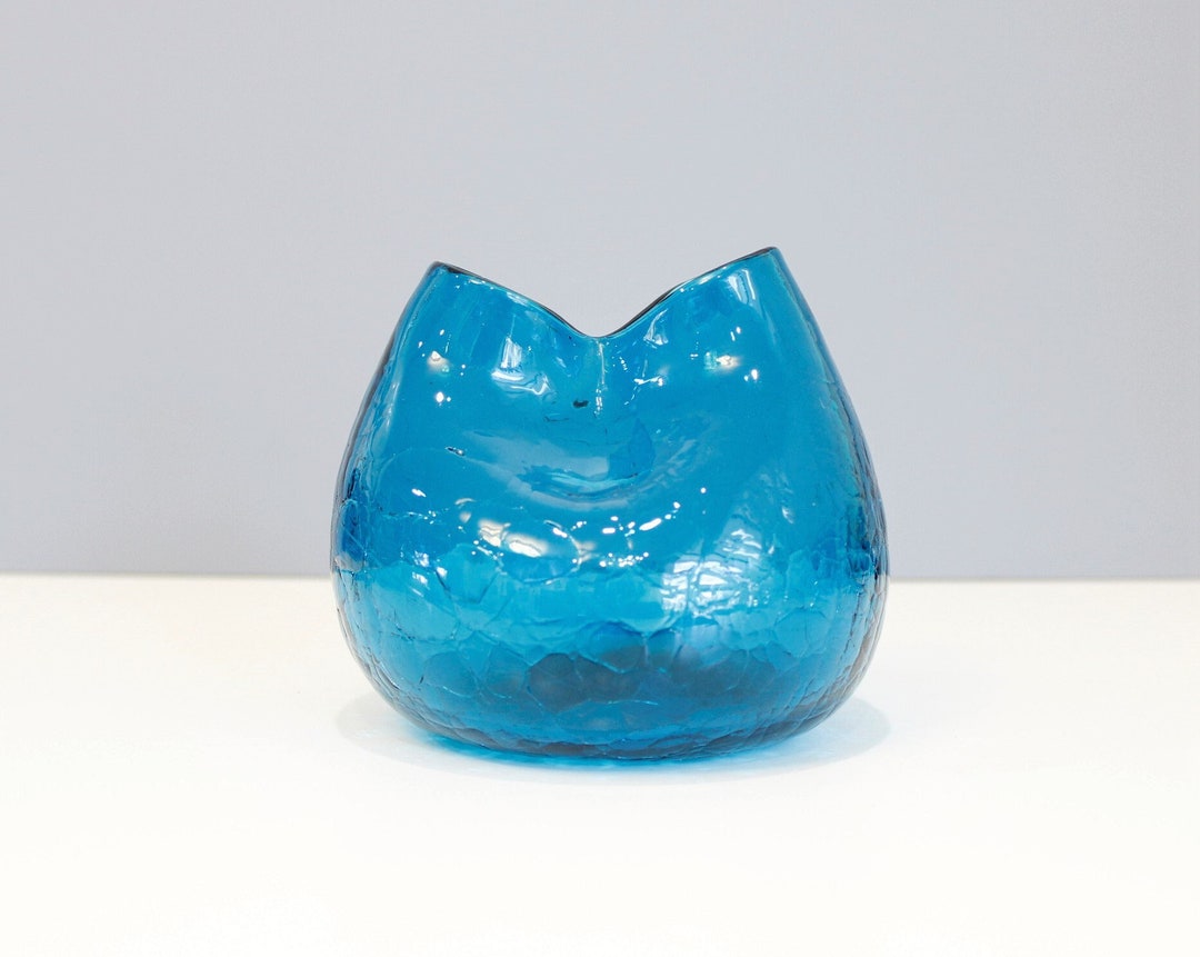 Blenko Ivy Pinched Glass Vase Blue Crackle Winslow Anderson Mid Century ...