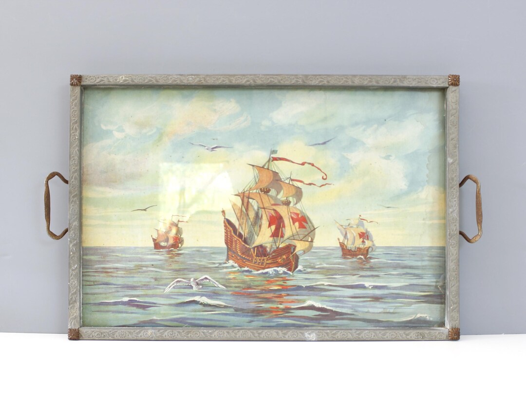 Vintage Decorative Ships Tray Nautical Glass Metal Nina Pinta Santa ...