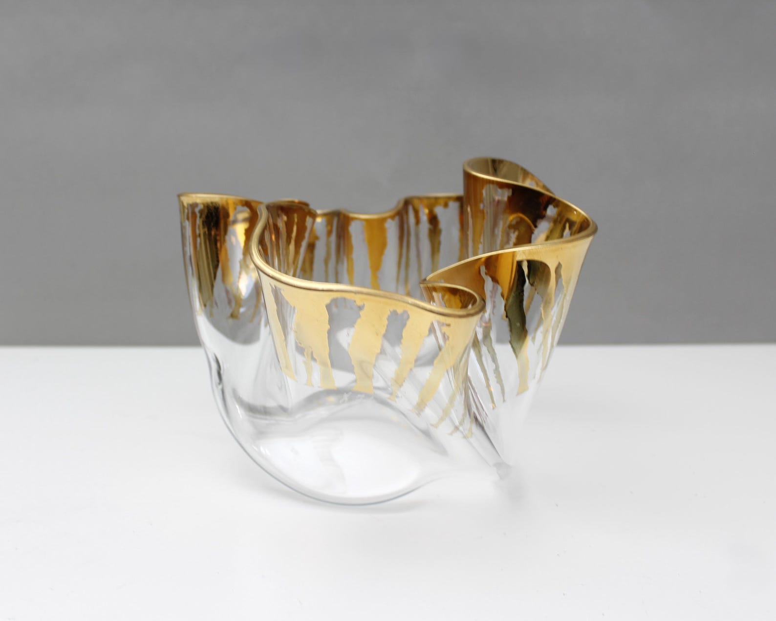 Laurel Fyfe Slumped Glass Vase Gold Trim Handkerchief Bowl Ruffled Post ...