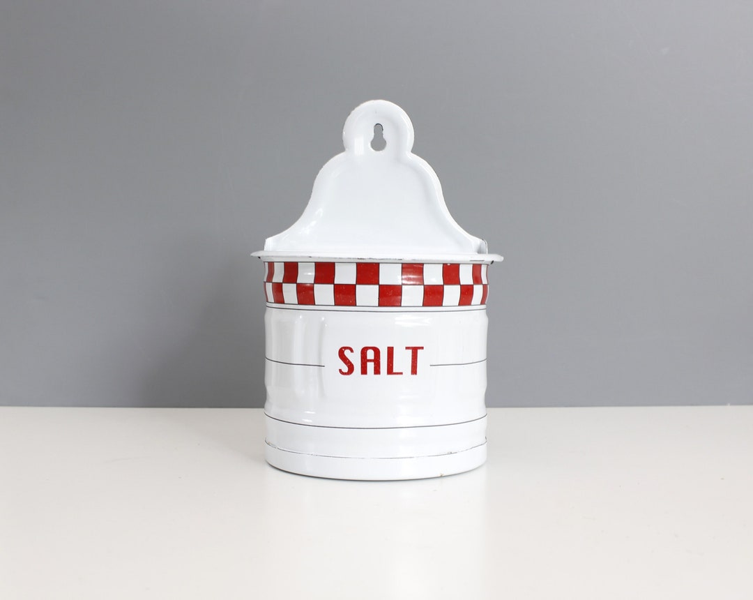 Vintage Enamel Salt Box With Lid Red White Black Wall Mount - Etsy