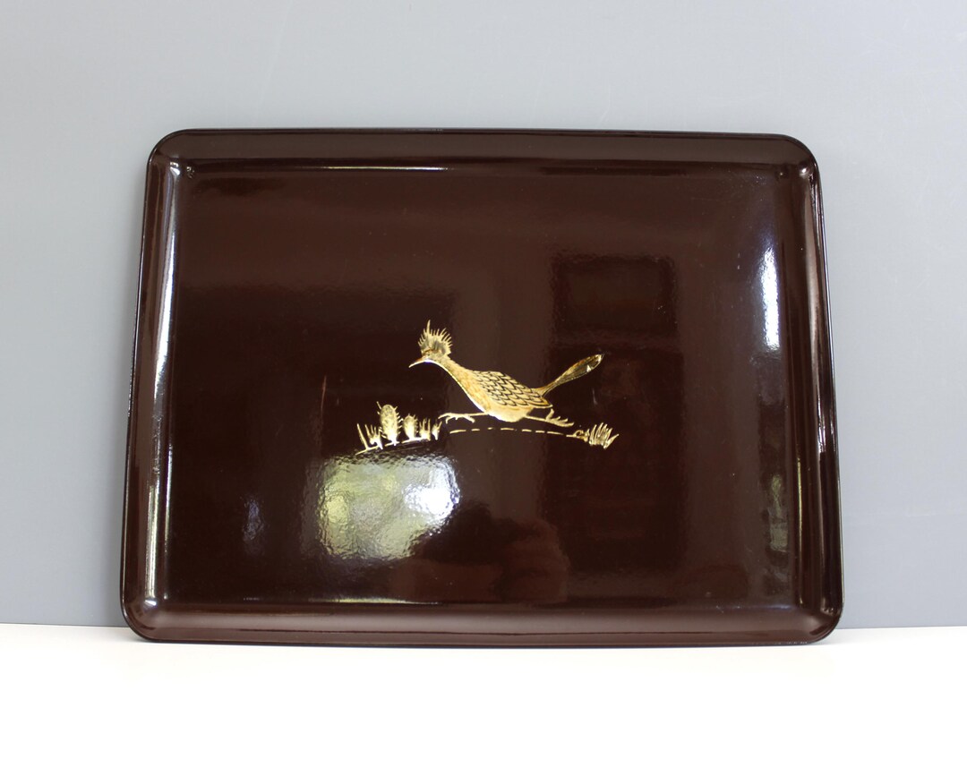 Vintage Otagiri Roadrunner Lacquerware Tray Brown Gold Mid Century ...