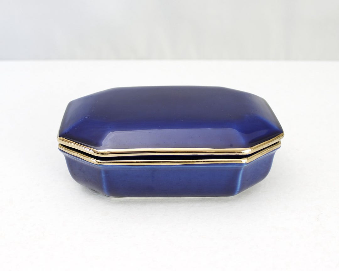 Vintage Raymor Ceramic Lidded Trinket Box Cobalt Blue Gold Mid Century ...