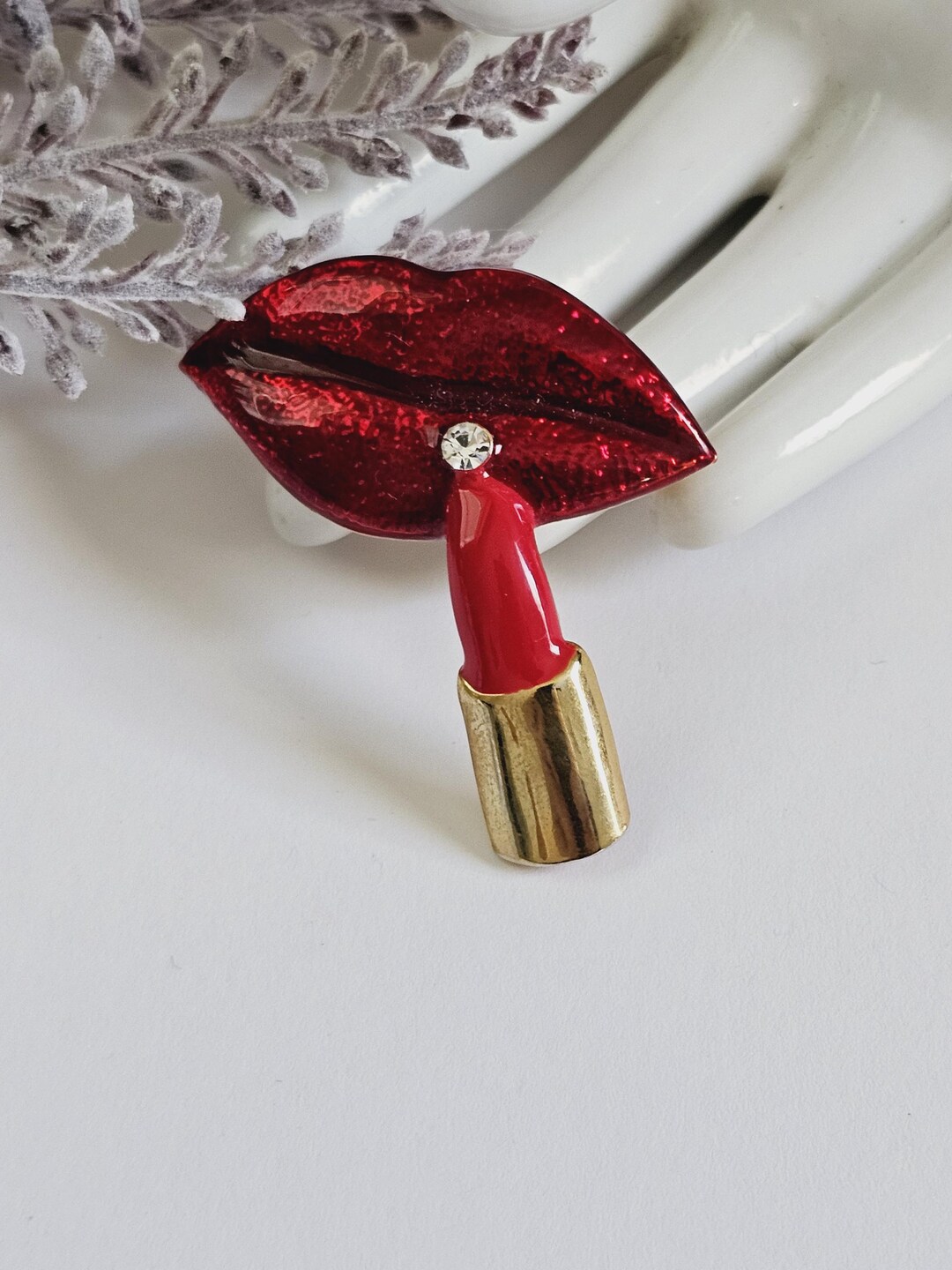 Vintage Red Lips Lipstick Brooch Makeup Red Enamel Lips 1980's Red ...