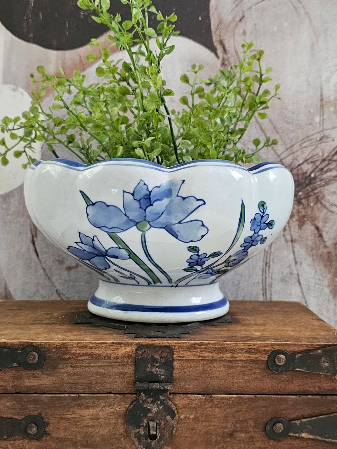 Blue Floral Porcelain Planter Footed Scalloped Edges - Vintage Iris ...