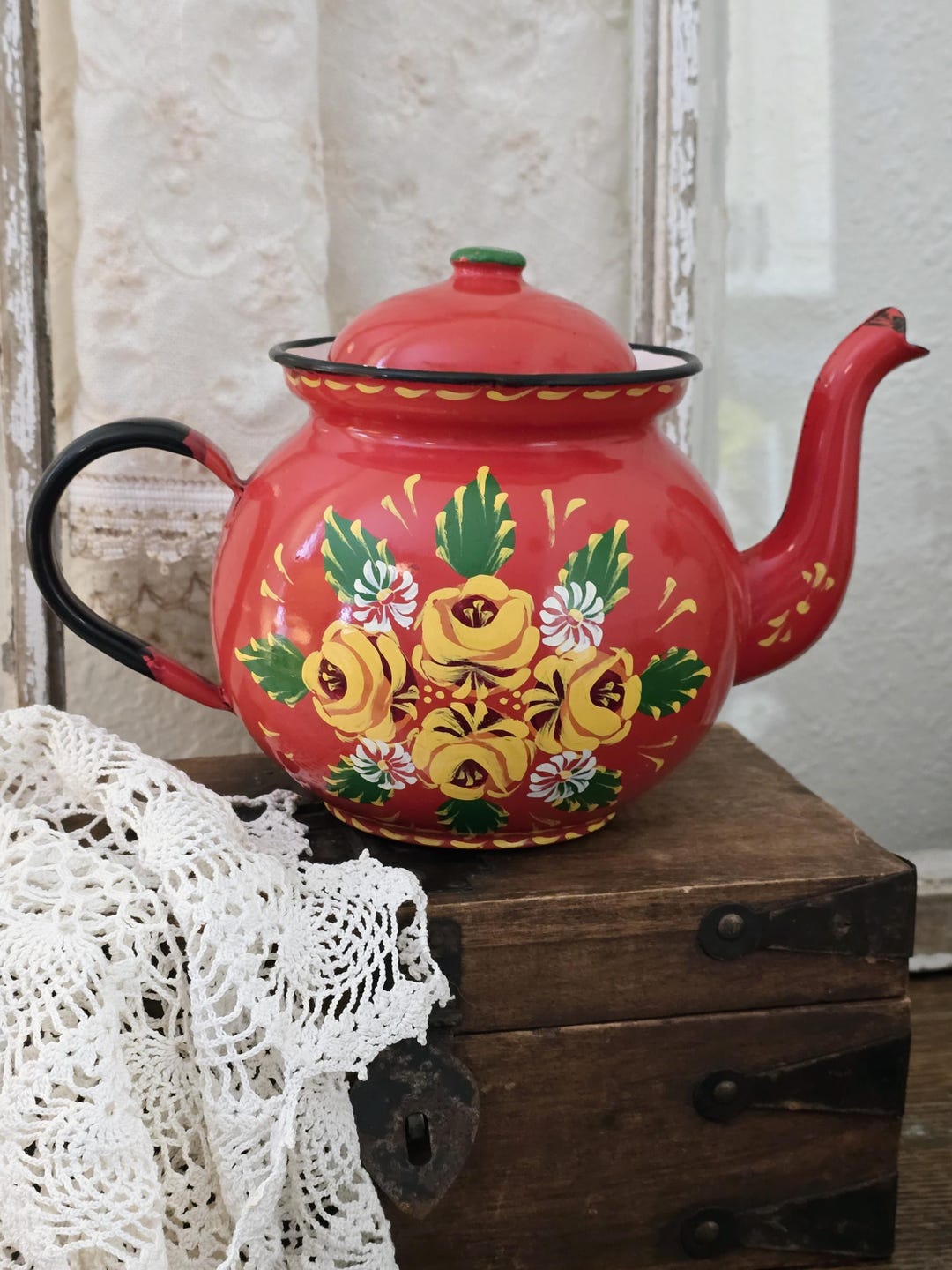 Rare Vintage Enamel Poland Folk Art Teapot - European Hand Painted ...