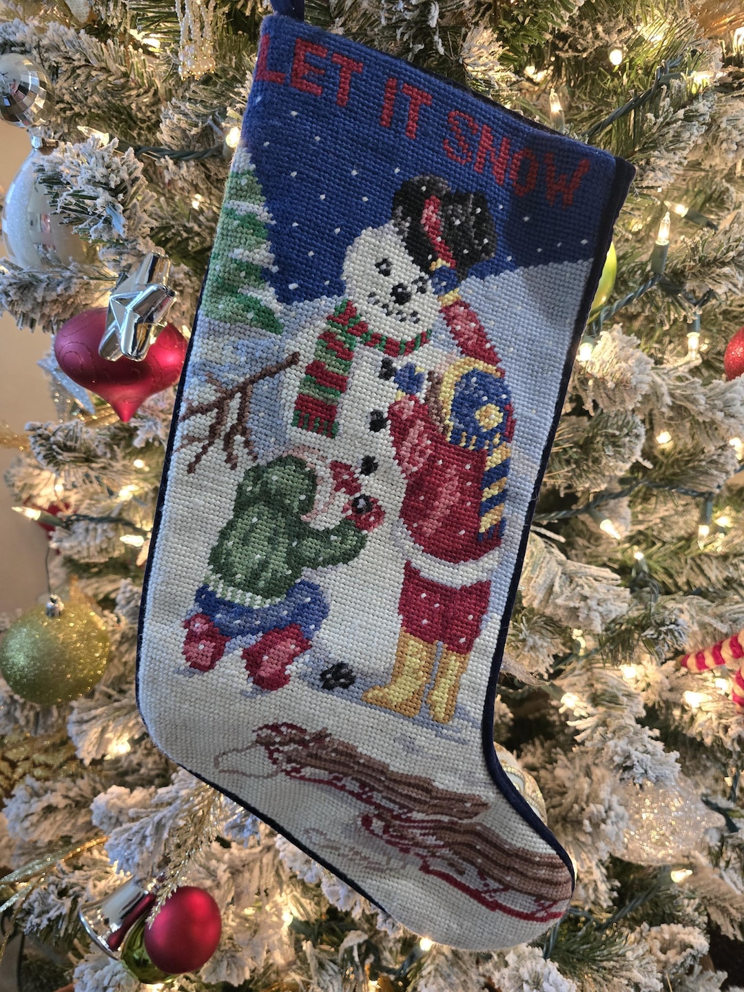 Snowman Needlepoint Christmas Stocking - Vintage Needlepoint Hanging ...