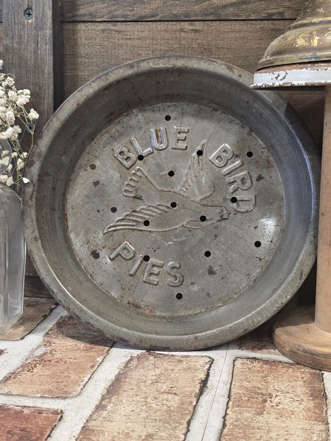 Vintage Blue Bird Pie Tin Pan 16 Hole Vent Rare Advertising Tin Kitchen ...