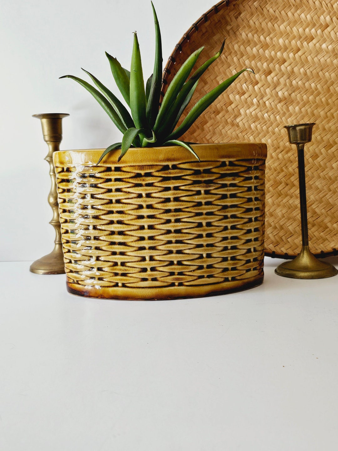 Vintage Mid Century Ceramic Basket Weave Planter Boho Chic Home Decor ...