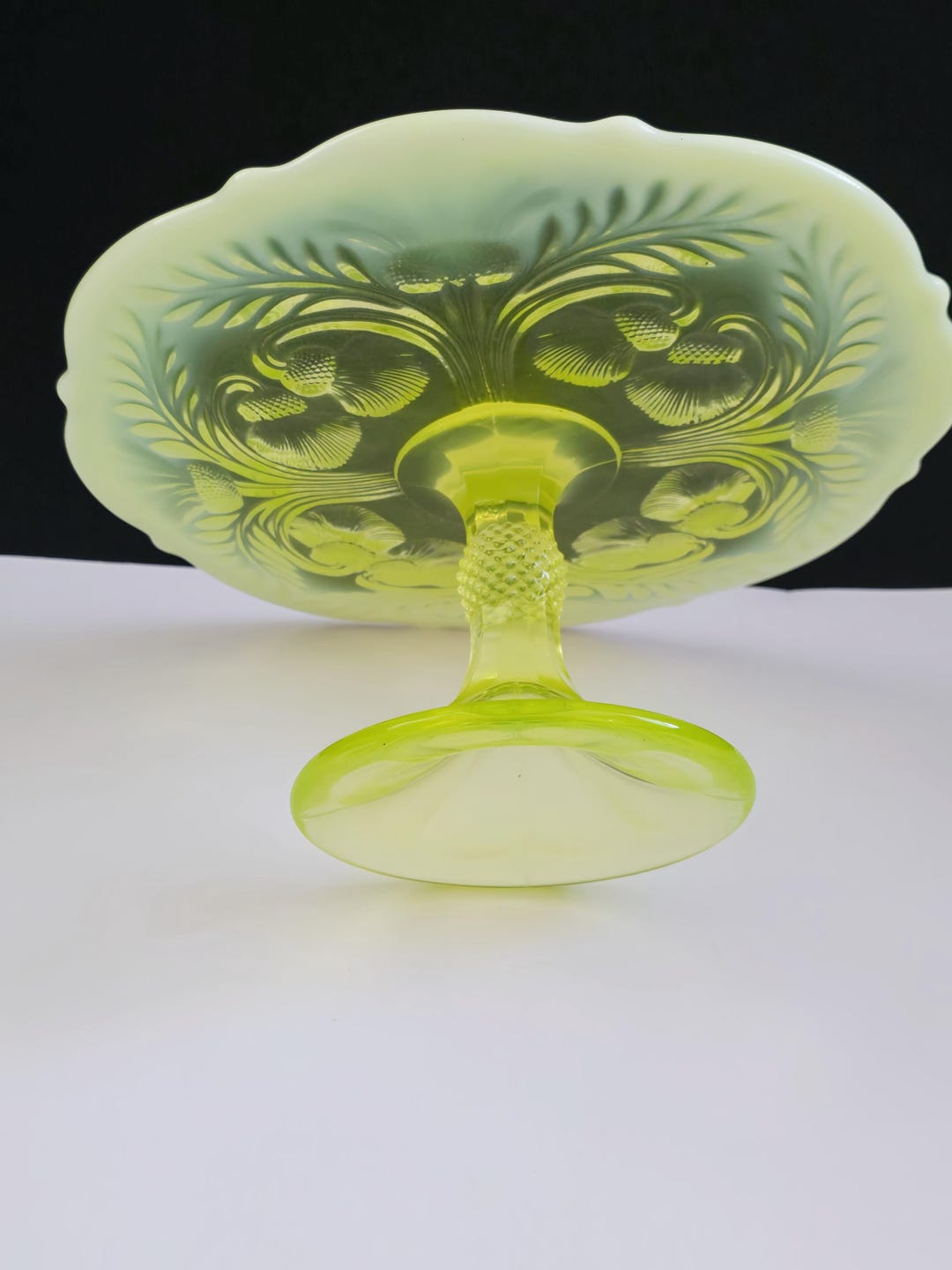 Rare Mosser Vaseline Glass Cake Stand Inverted Thistle - Vaseline Opal ...