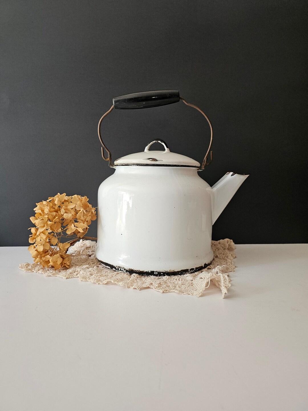 Vintage Large Enamel Tea Kettle White Enamelware Kettle With Wood ...