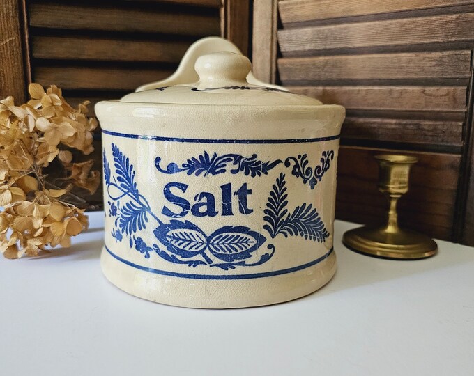 Large Antique Stoneware Blue Salt Cellar Box With Lid - Wall Salt ...