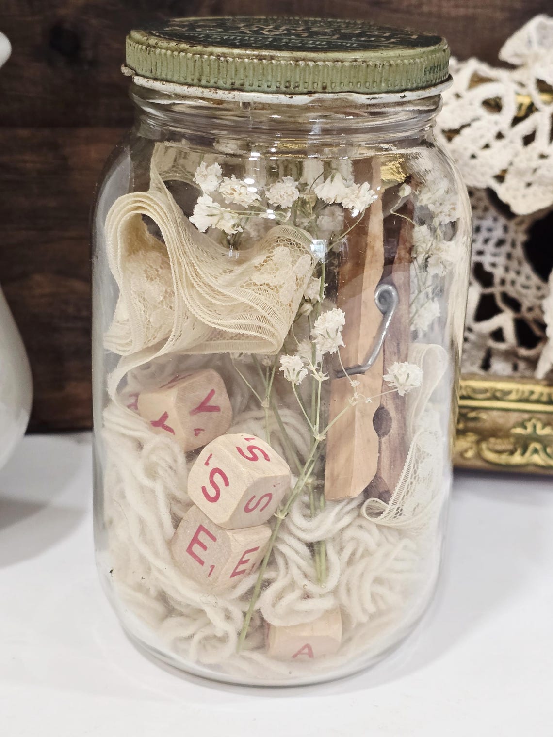 Vintage Display Jar With Lace Thread Dried Flowers Wood Blocks Clothes ...
