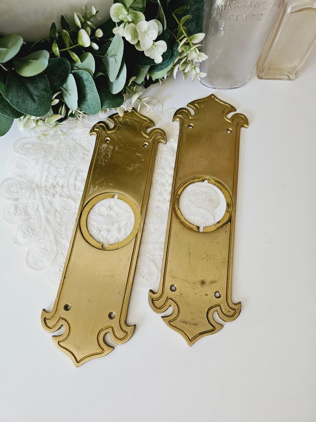 Vintage Antique Large Brass Door Backplates Set Door Hardware Salvage ...
