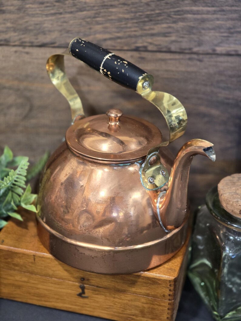 Vintage Copper Tea Kettle Wood Handle - Rustic Farmhouse Kitchen - Etsy