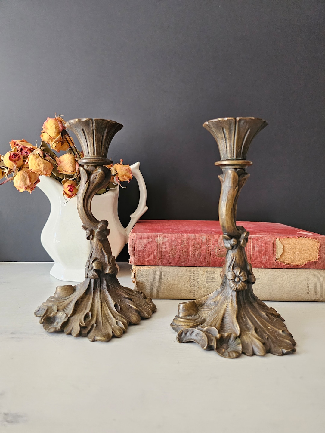 Antique Pair Art Nouveau Bronze Candlesticks Ornate Design French ...