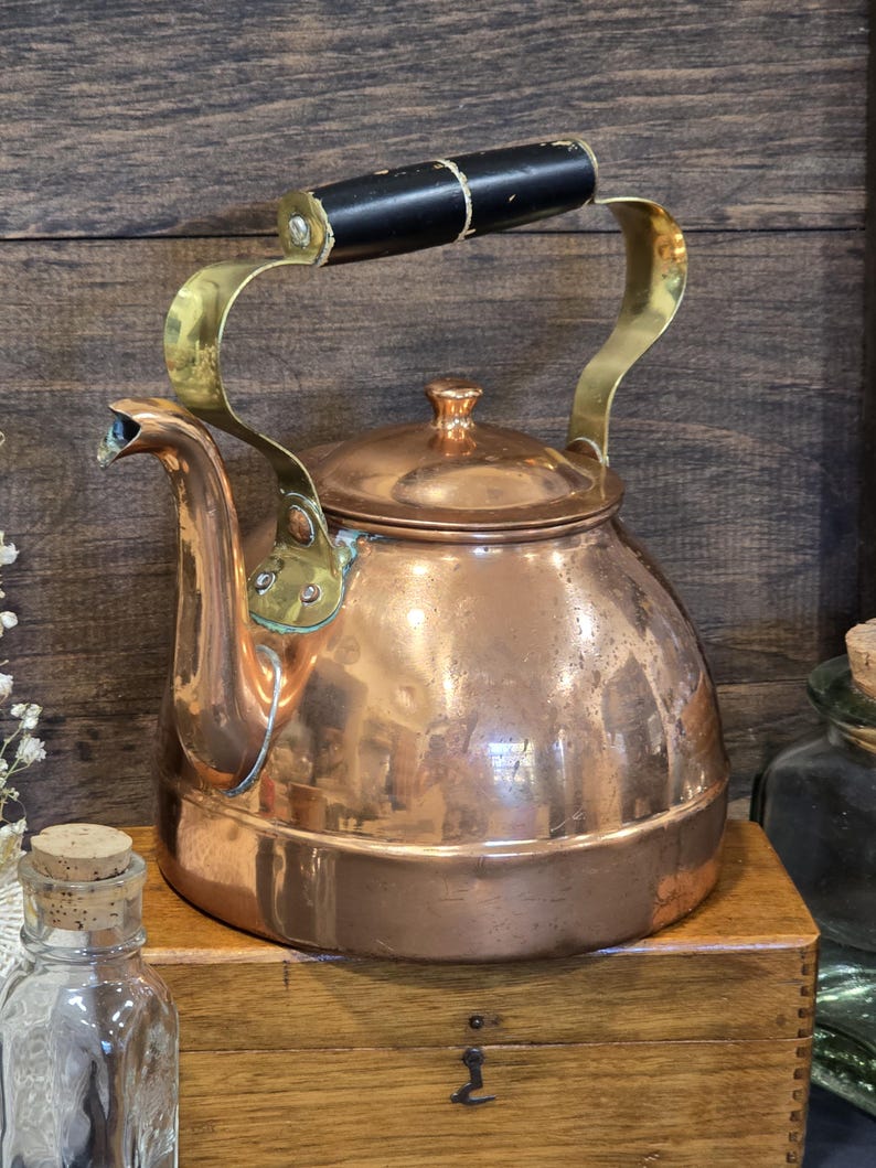 Vintage Copper Tea Kettle Wood Handle - Rustic Farmhouse Kitchen - Etsy