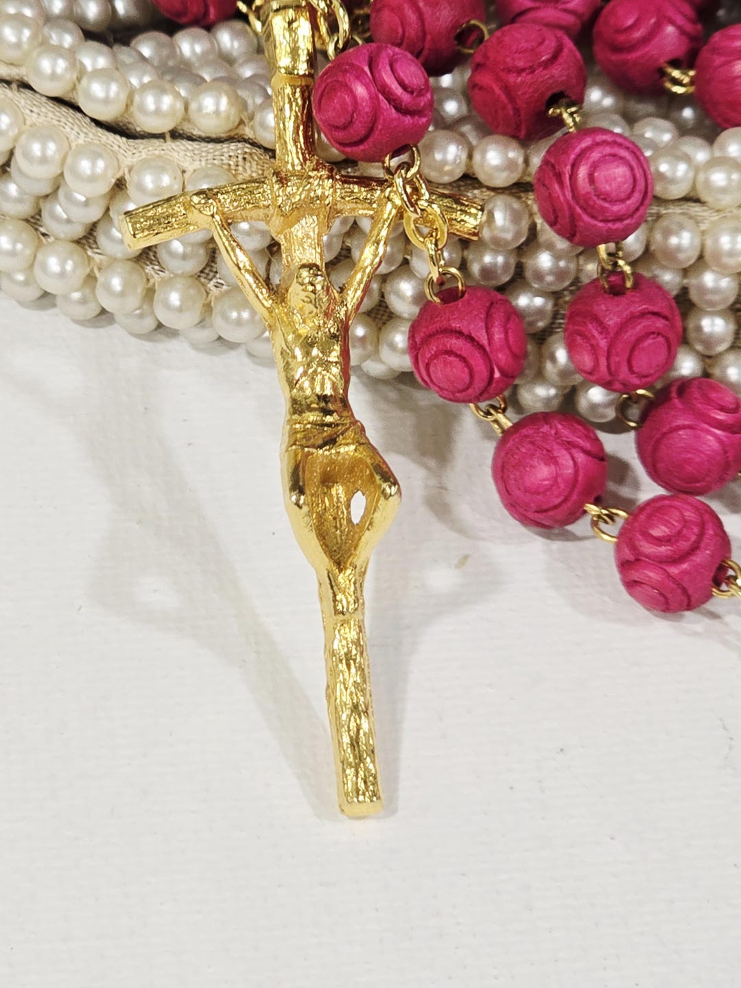 Rose Beaded Rosary Gold Tone Crucifix Pope Francis - Etsy