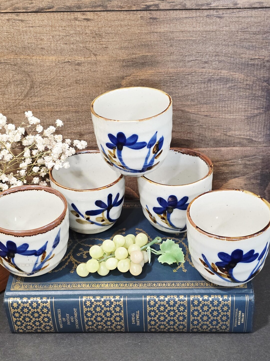 Vintage Stoneware Blue Lotus Teacup Set Yunomi - Etsy