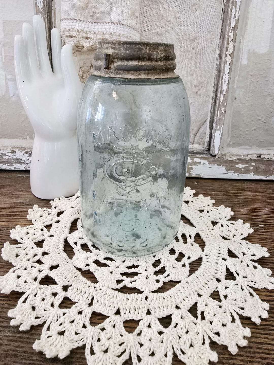 Rare CFJ Mason's Jar NOV 30th 1858 Glass Canning Jar Zinc Milk Glass ...