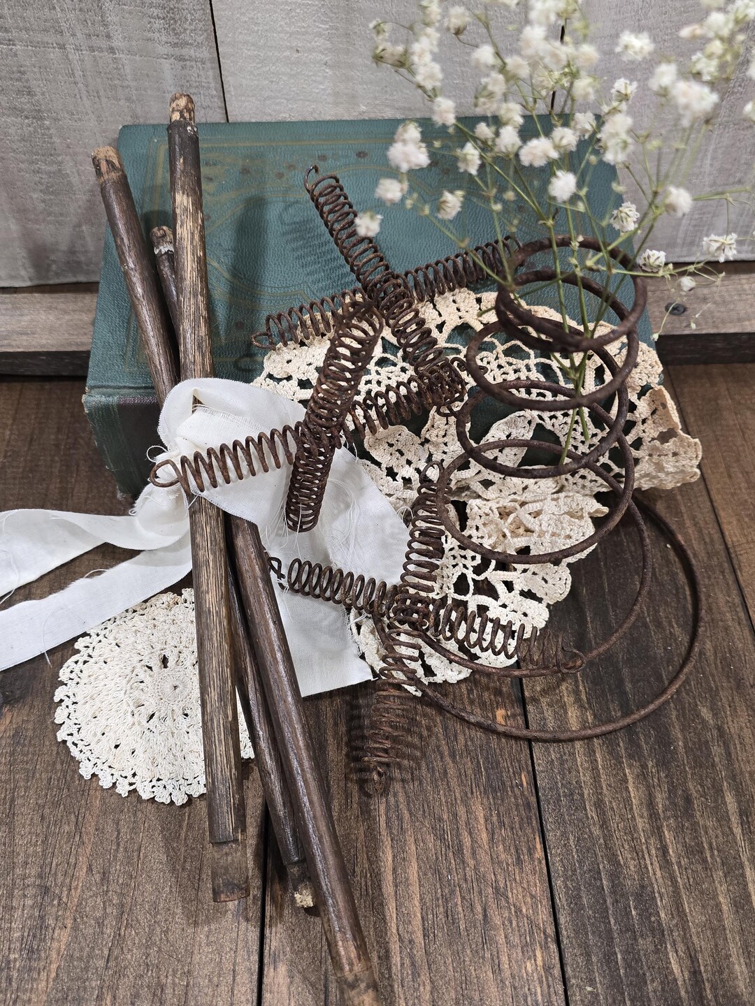 Antique Rusty Metal Springs Wood Dowels Lot Assemblage Rustic Vignette ...