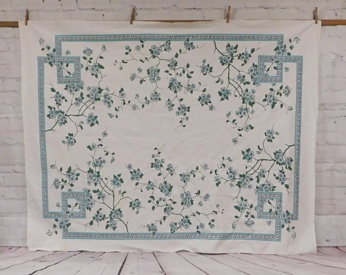 Vintage White Tablecloth With Blue Dogwood Flowers and Greek Key Border ...