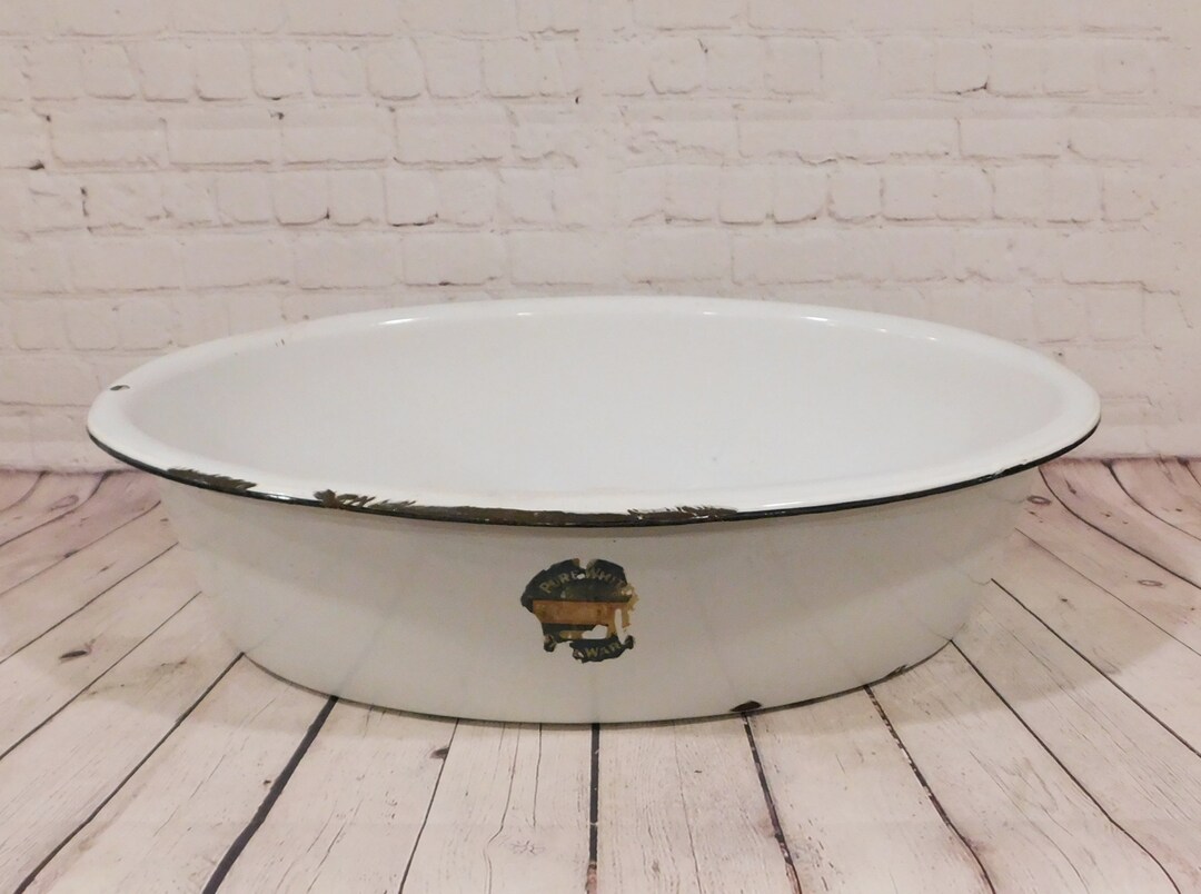 White Enamel Baby Bath, Granite Ware Oval Tub, Baby Photo Prop ...