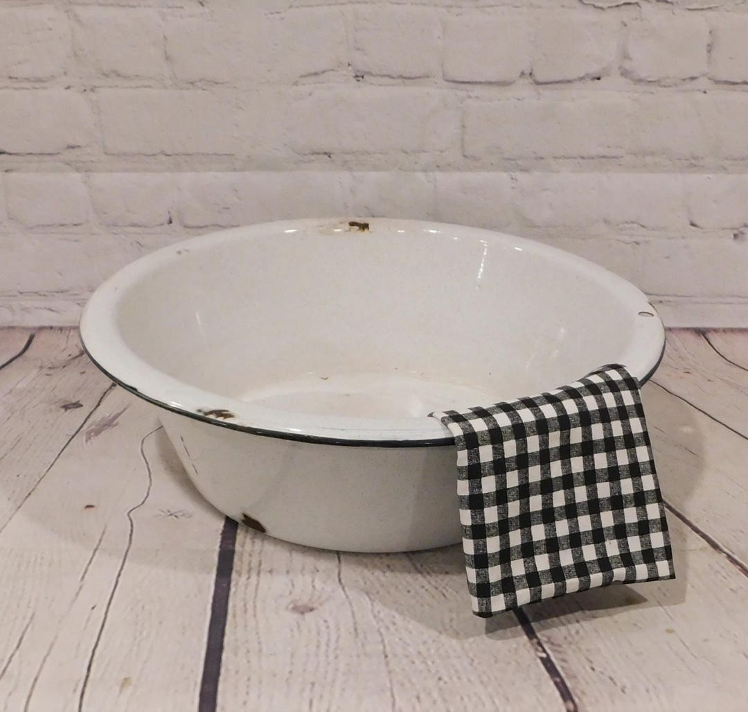Vintage Enamelware Basin, Graniteware Pan, White With Gray Misty ...