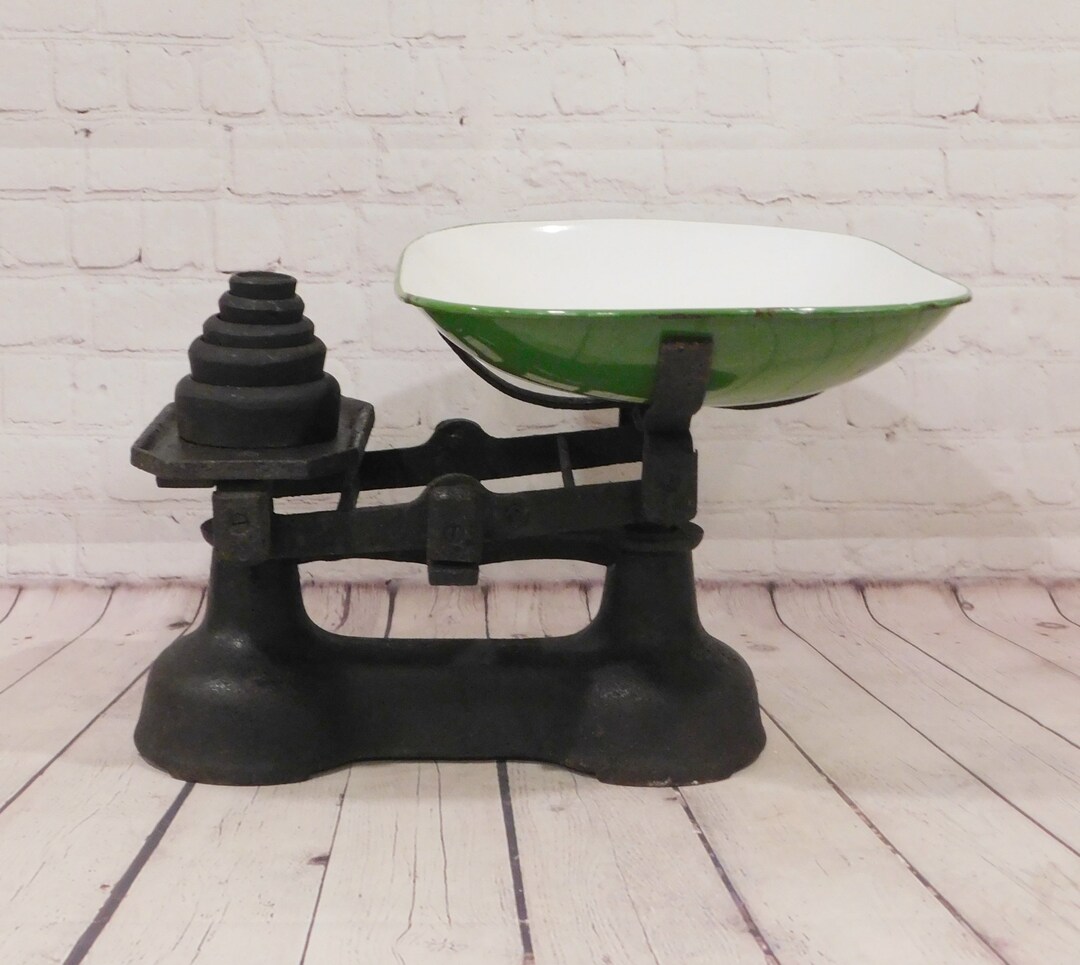 Vintage Cast Iron Balance Scale With Green and White Enameled Scale Pan ...