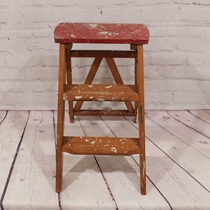 Vintage Step Ladder With Red Top, Wooden Ladder, Farmhouse Style ...