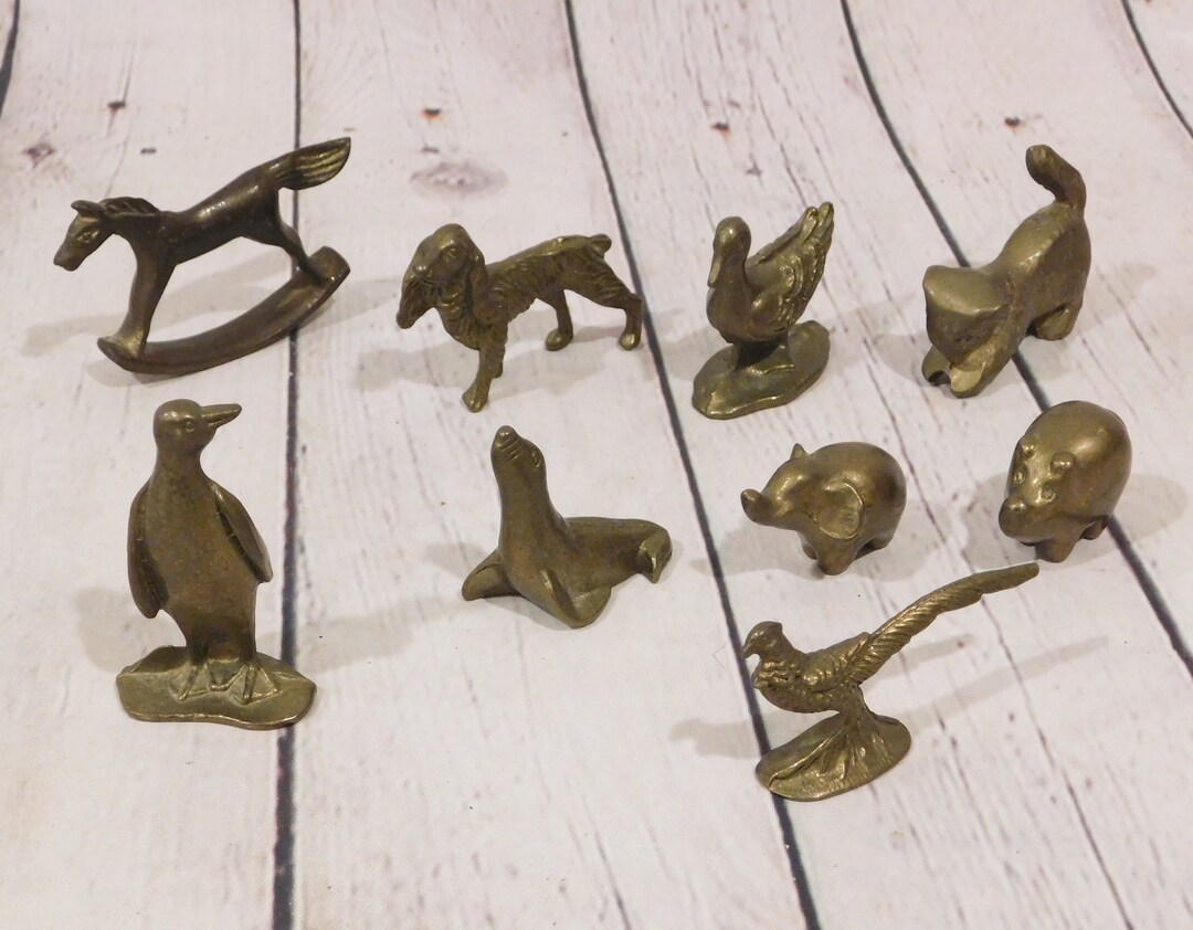 Collection of Nine Vintage Miniature Brass Animals, Seal, Elephant, Dog ...