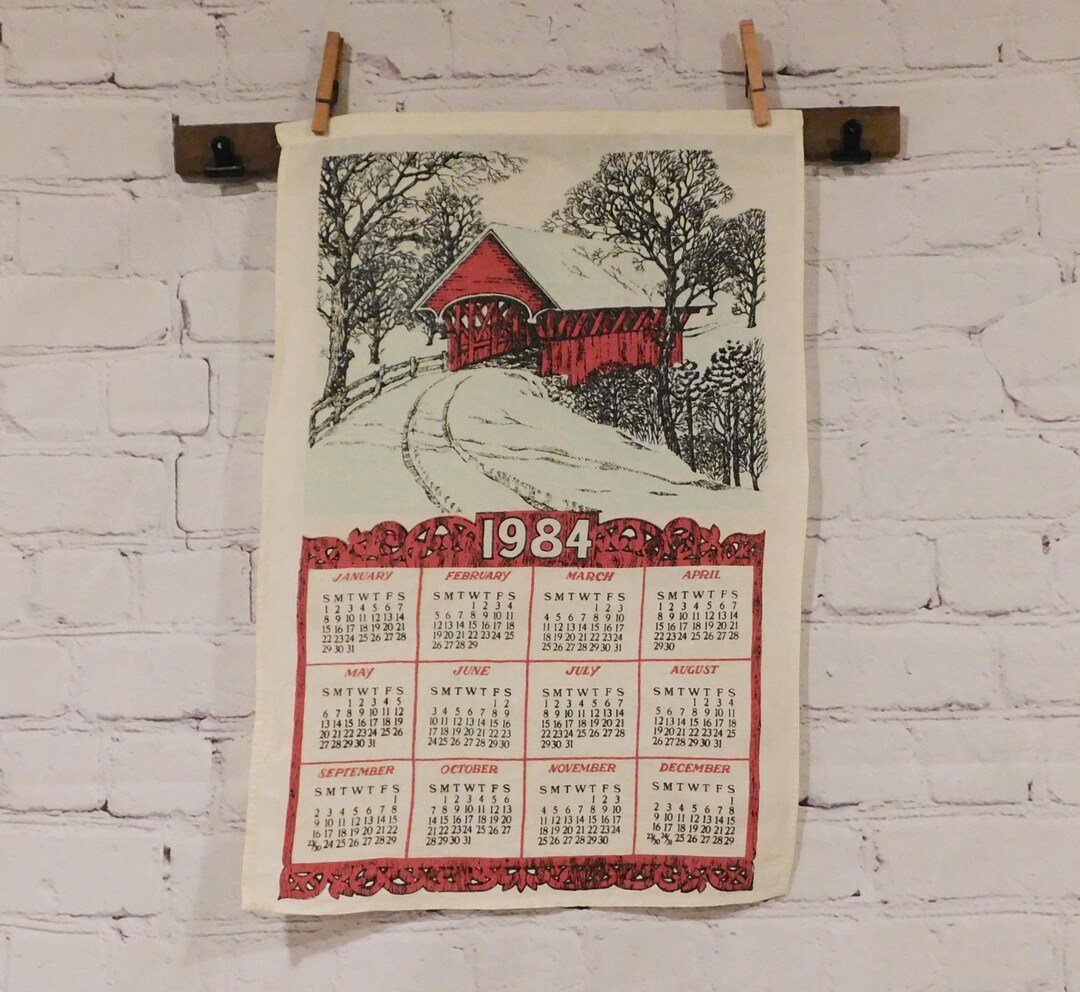 Vintage 1984 Calendar Tea Towel, Snowy Landscape With Covered Bridge ...