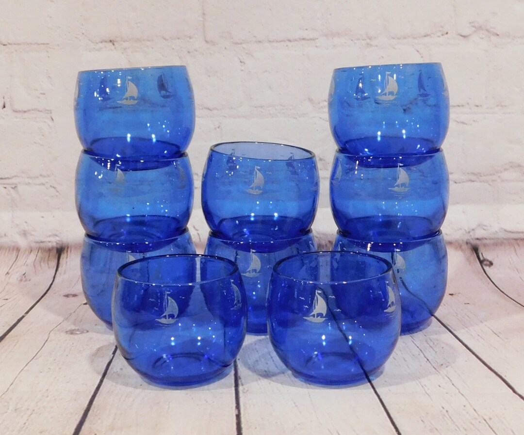 Hazel Atlas Cobalt Blue Roly Poly Cocktail Glasses With Sailboats ...