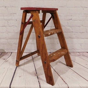 Vintage Step Ladder With Red Top, Wooden Ladder, Farmhouse Style ...