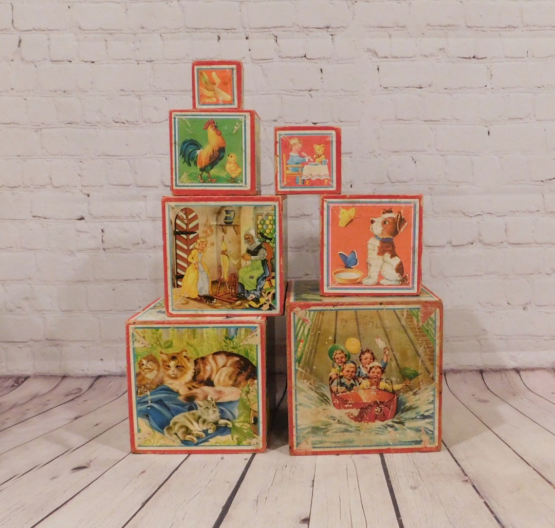 Nesting Lithographed Wood Nesting Blocks, 1940's Nursery Stacking Box ...