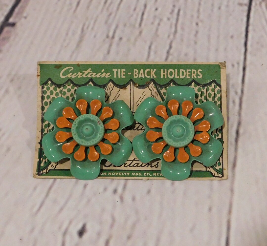 Vintage Metal Floral Curtain Tie Back Pins on Card, Green & Orange, Mid ...