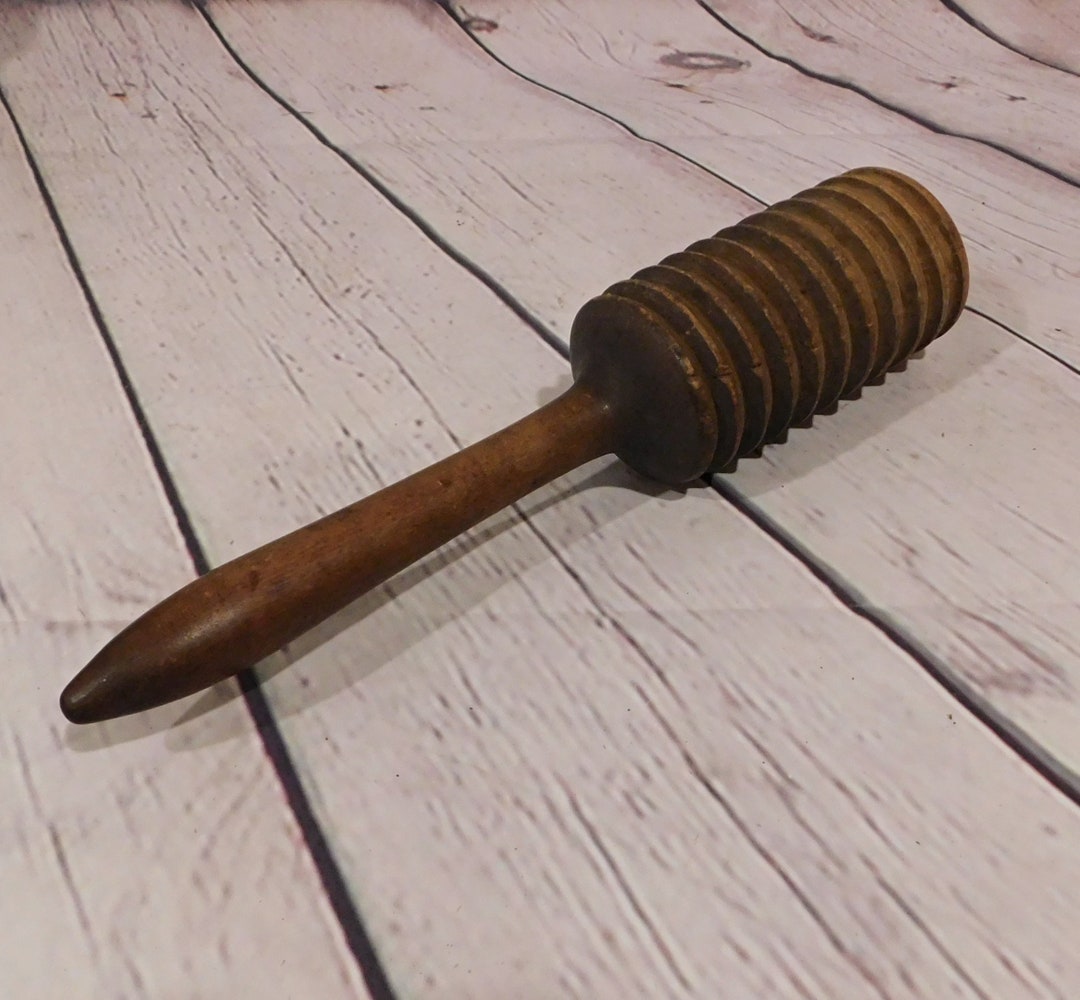 Vintage Wood Ridged Kitchen Tool, Treenware, Ridged Masher, Dasher, 11 ...