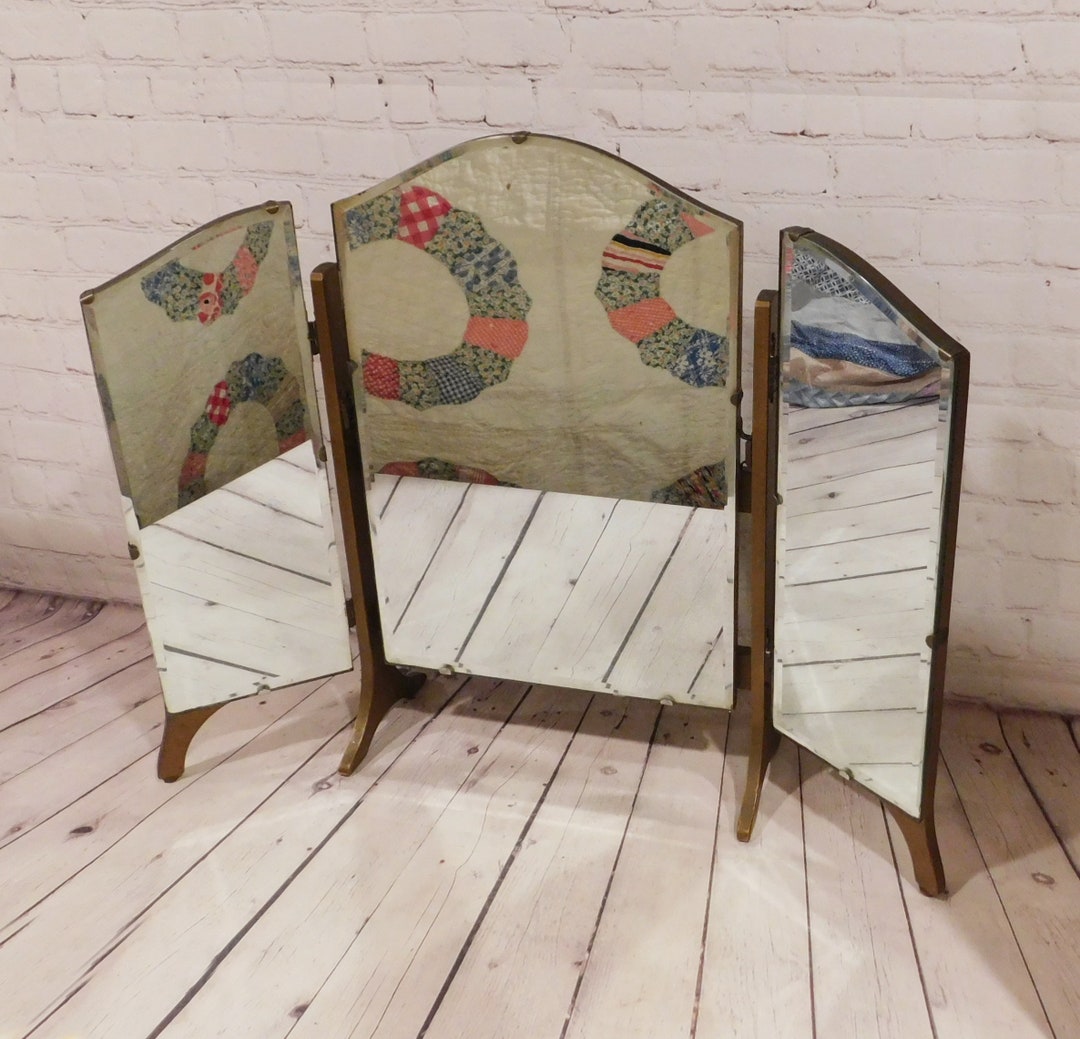 Framed Triptych Mirror, Vintage Three Panel Mirror, Vintage Vanity or ...