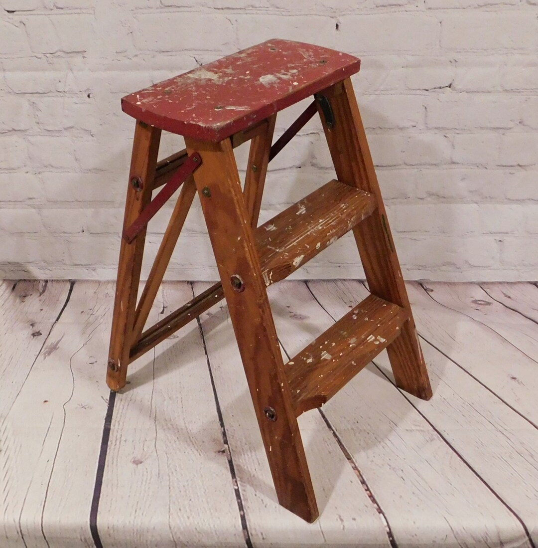 Vintage Step Ladder With Red Top, Wooden Ladder, Farmhouse Style ...
