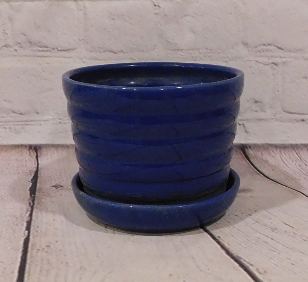 Vintage Blue Pottery Planter With Attached Saucer, Beehive Ringed ...